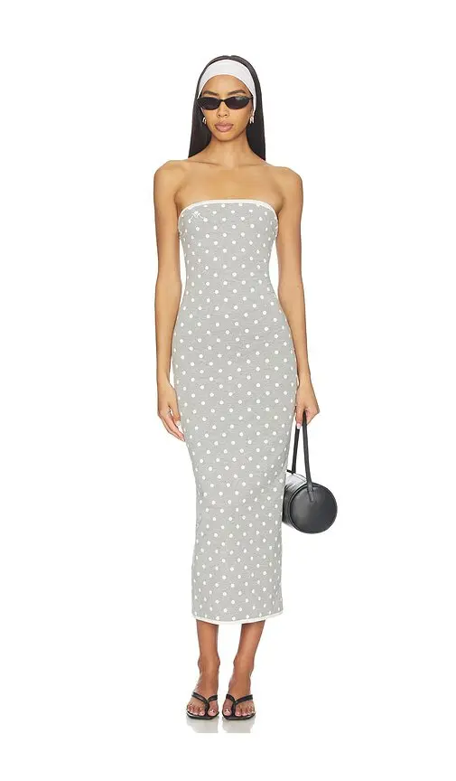 ROWEN ROSE Polka Dot Strapless Midi Dress - Light Grey