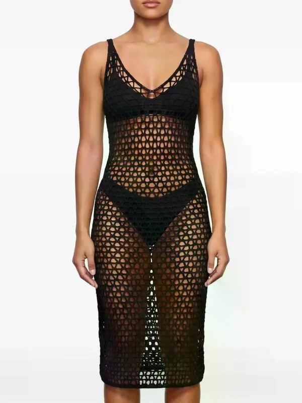 PARAMIDONNA Crochet V-neck Midi Dress