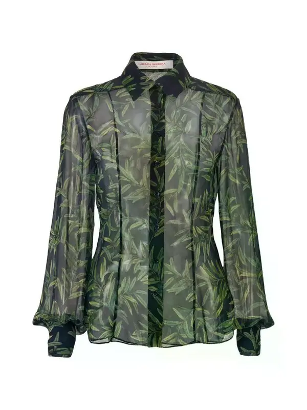 Carolina Herrera Olive Branch Print Silk Chiffon Shirt - Green