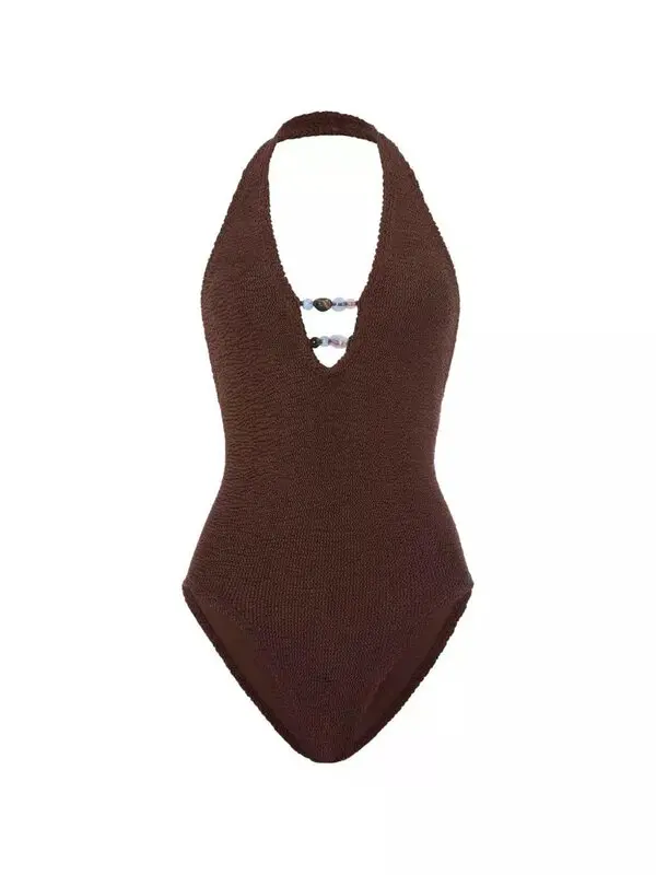 Hunza G Adriana Beaded Crinkle-effect Swimsuit - Brown