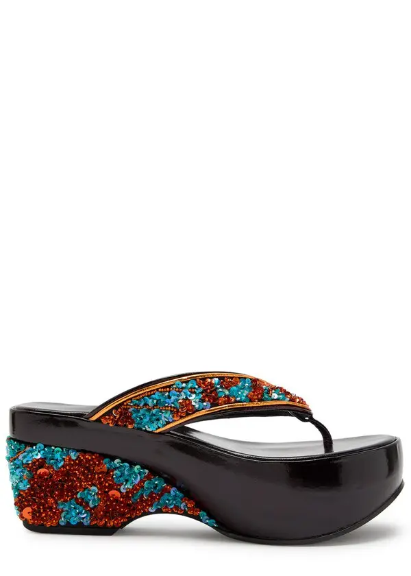 Dries Van Noten Embellished Leather Platform Thong Sandals - Multicoloured