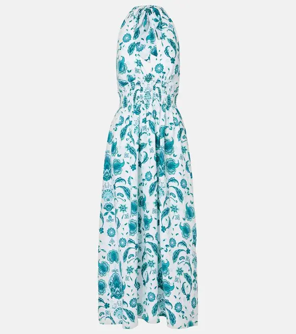 Heidi Klein Kos Paisley Shirred Linen Maxi Dress - White