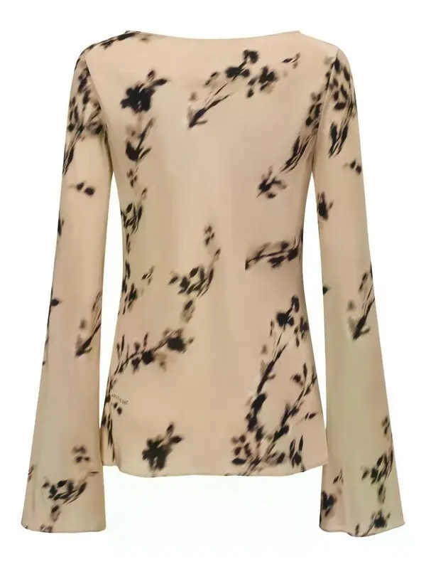 INTO THE EAST Silk Blouse With Bell Sleeves And Botanical Print