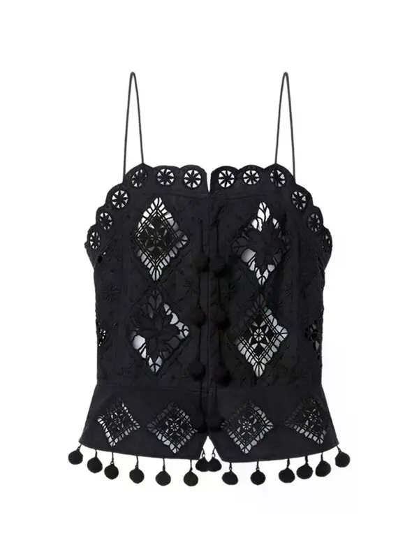 Isabel Marant Étoile Nelssy Broderie Anglaise Pompom Trim Top - Black