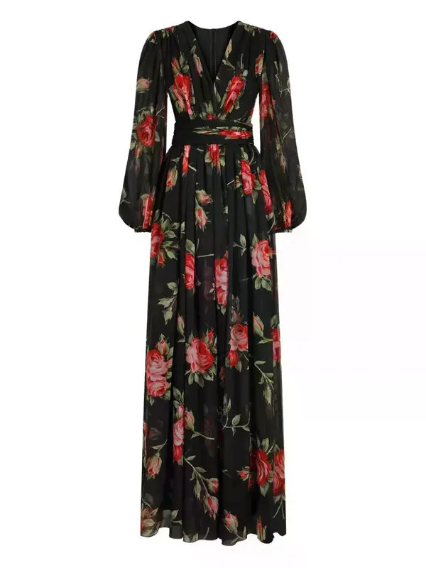 Dolce & Gabbana Floral Long Sleeve Maxi Dress - Black