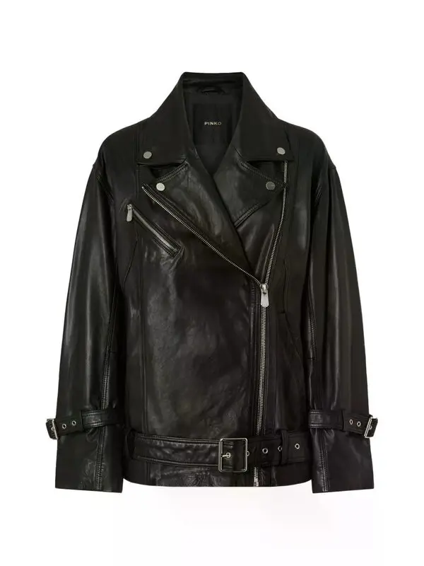 Pinko Distressed Leather Biker Jacket With Buckle Detail - Black