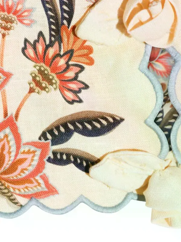 Farm Rio Linen Floral Print V-neck Blouse With Scalloped Trim And Bow Detail