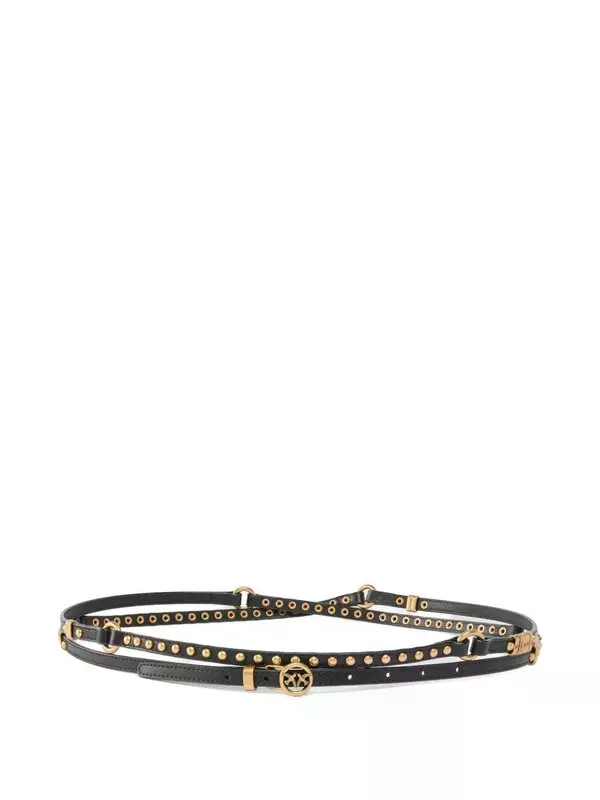 Pinko Double-wrap Studded Leather Belt With Branded Rings - Black