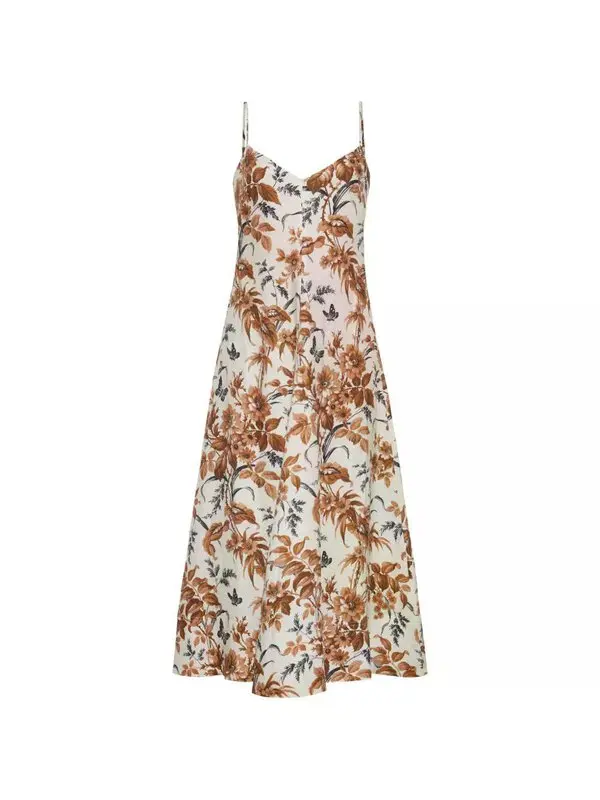 Cara Cara Mae V-neck Midi Dress In Floral Print Linen - Neutrals