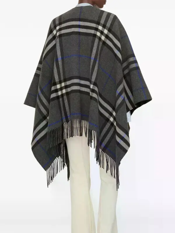 Burberry Contrast Check Cashmere Wool Cape - Grey