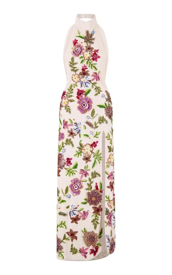 LA FUORI Luminous Flounce Halter Embroidered Silk Gown - White