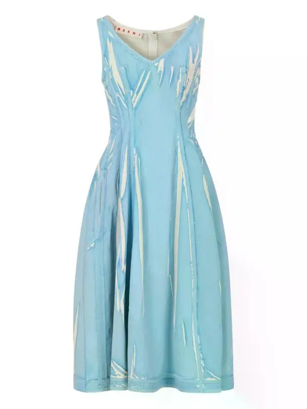 Marni V-neck Midi Dress With Irregular Stroke Print