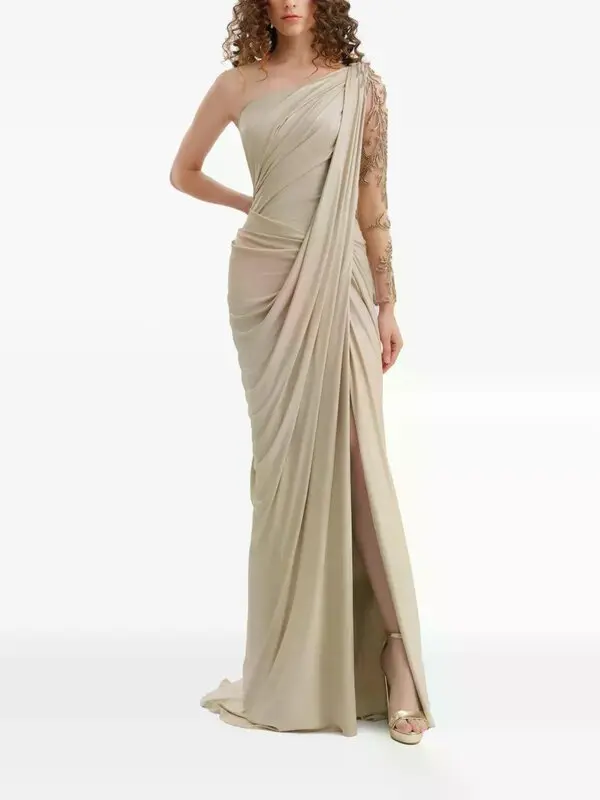 GEMY MAALOUF One-shoulder Beaded Draped Maxi Dress - Neutrals