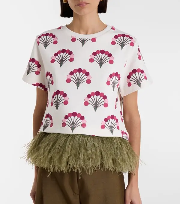 La DoubleJ La Scala Printed Cotton Jersey T-shirt With Feather Trim