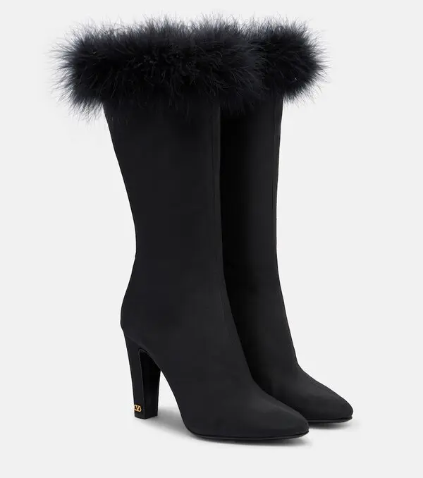 Valentino Garavani Feather-trimmed Satin Knee-high Boots - Black