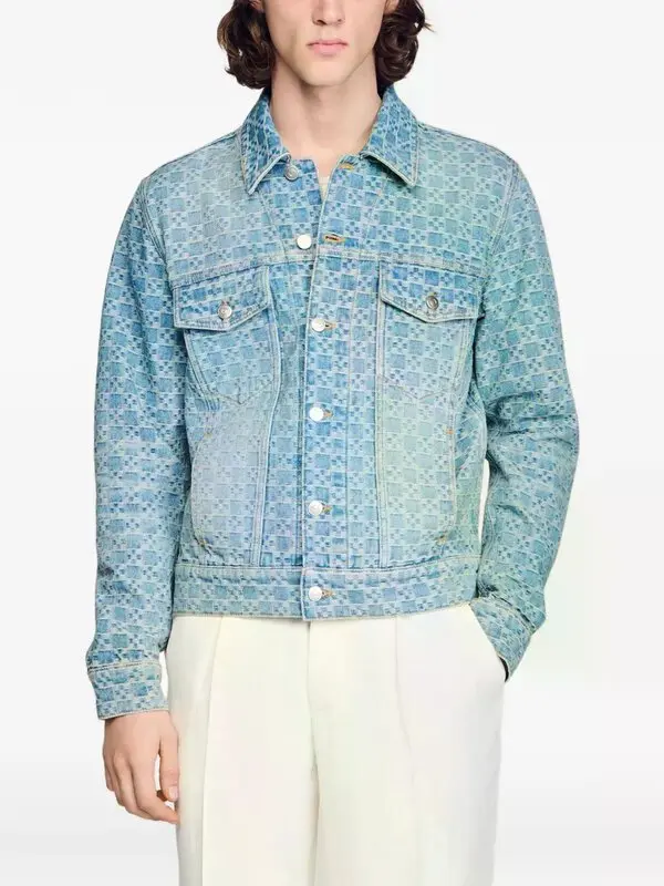 Sandro Square Cross Jacquard Denim Jacket - Blue