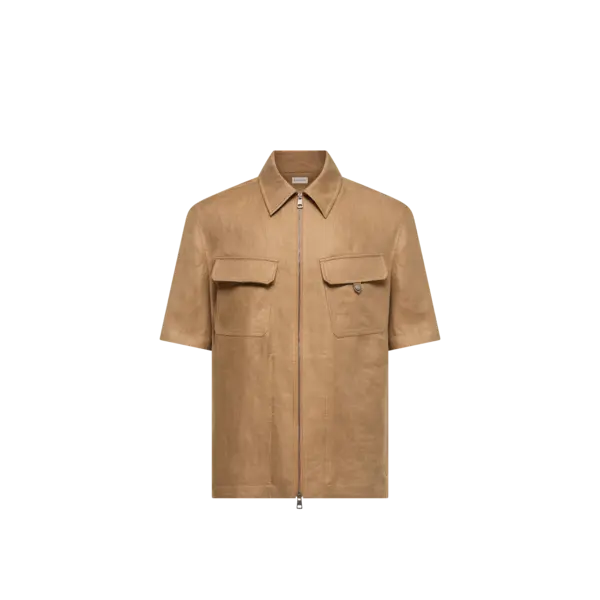 Moncler Linen Twill Short Sleeve Zip-up Shirt - Brown