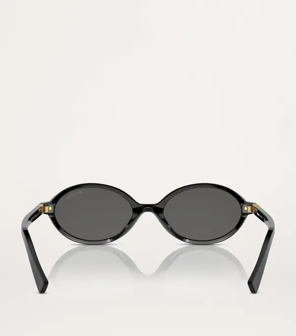 Miu Miu Acetate Oval Sunglasses With Gold Tone Logo Plaques - Black
