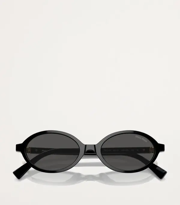 Miu Miu Acetate Oval Sunglasses With Gold Tone Logo Plaques - Black