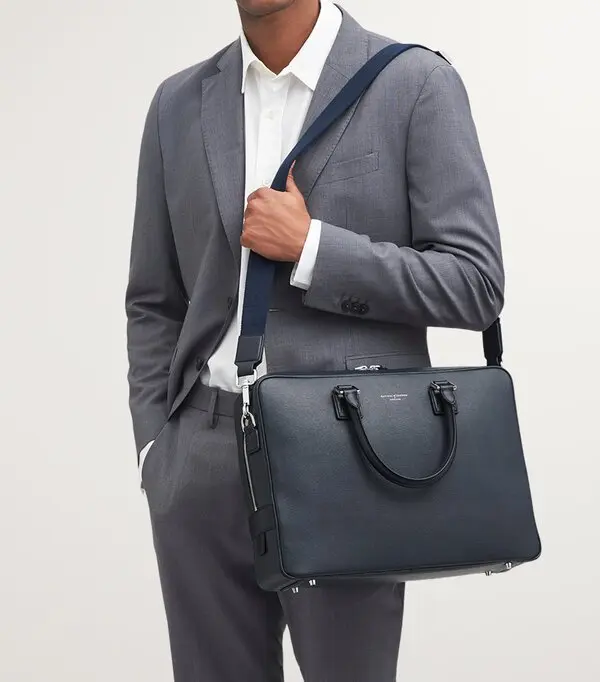ASPINAL OF LONDON Saffiano Leather Briefcase Bag - Navy