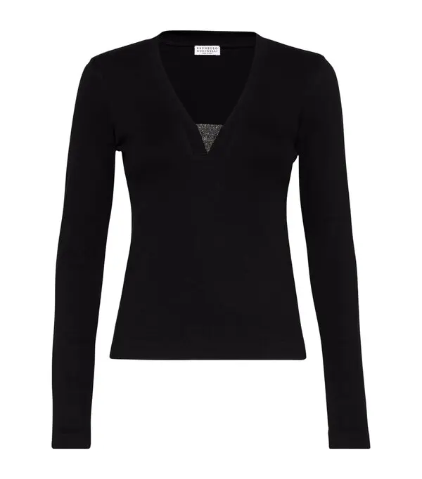 Brunello Cucinelli Stretch-cotton T-shirt With Monili Detail - Black