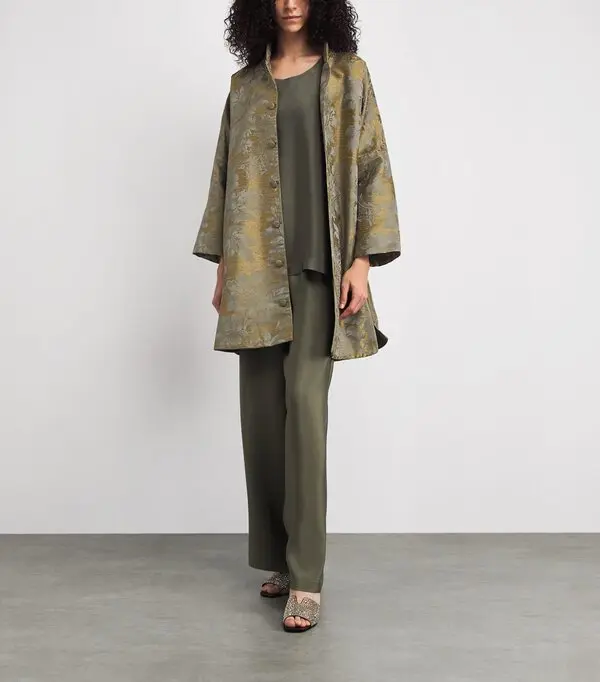 Eskandar Jacquard Stand Collar Coat - Green