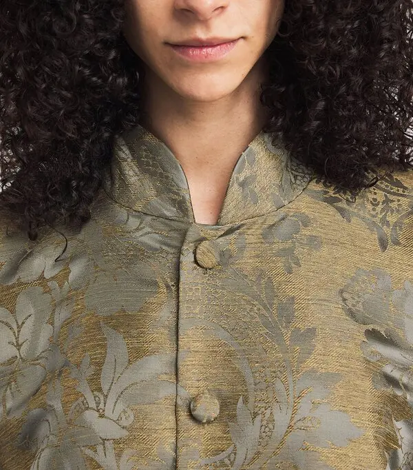 Eskandar Jacquard Stand Collar Coat - Green