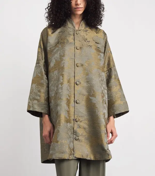 Eskandar Jacquard Stand Collar Coat - Green