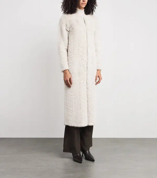 YVES SALOMON Mink Wool Herringbone Long Coat