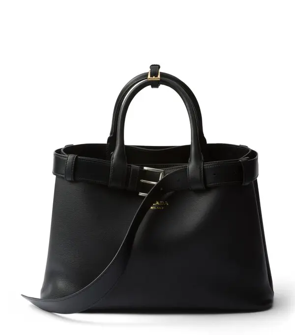 Prada Medium Leather Buckle Tote Bag - Black