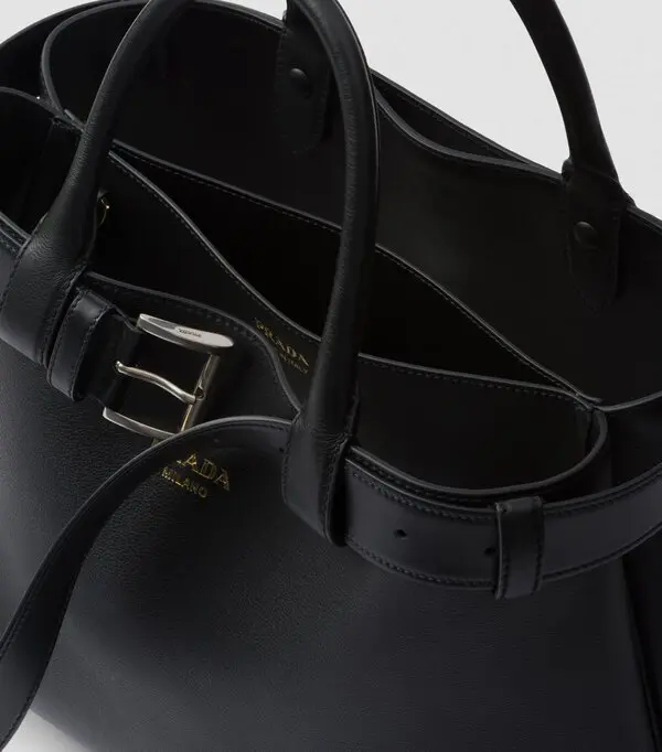 Prada Medium Leather Buckle Tote Bag - Black