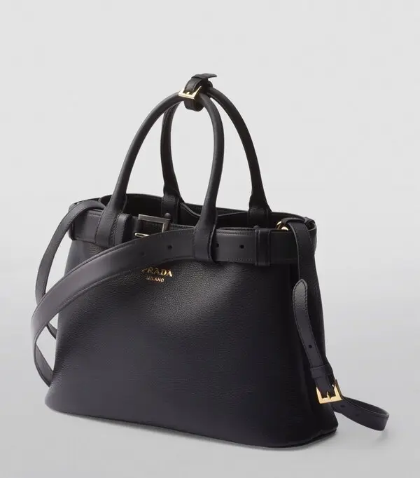 Prada Medium Leather Buckle Tote Bag - Black