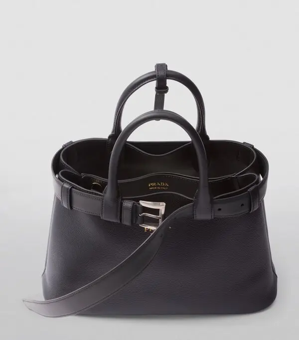 Prada Medium Leather Buckle Tote Bag - Black