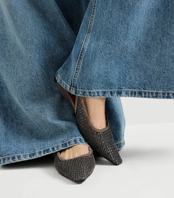 Brunello Cucinelli Suede Embroidered Slingback Flats