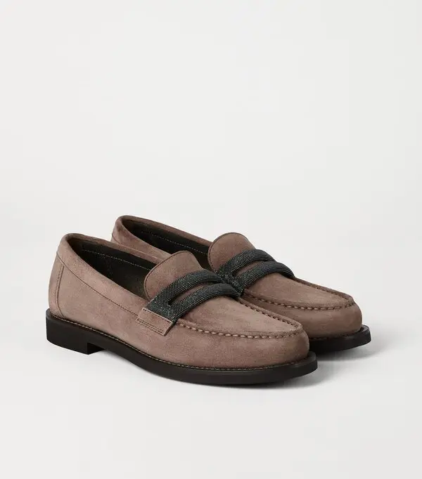 Brunello Cucinelli Suede Monili-embroidered Penny Loafers