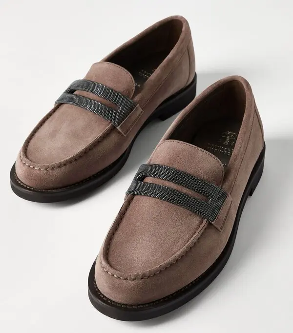 Brunello Cucinelli Suede Monili-embroidered Penny Loafers