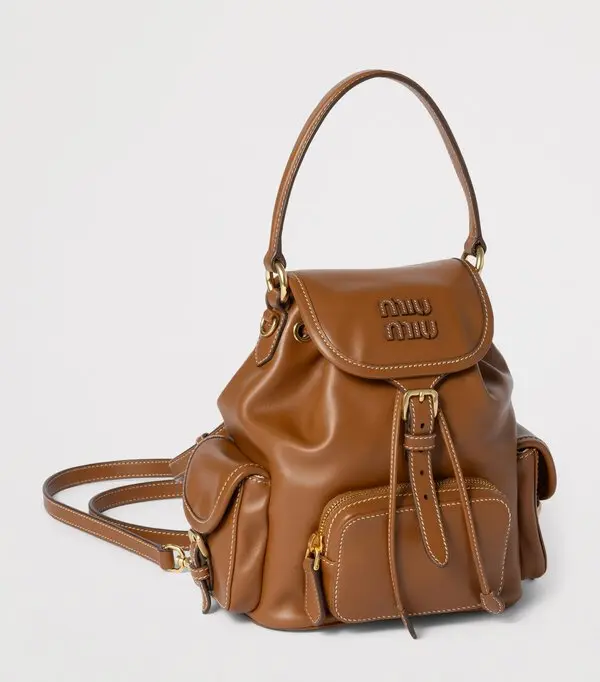 Miu Miu Leather Backpack With Flap And Buckle Detail - Brown