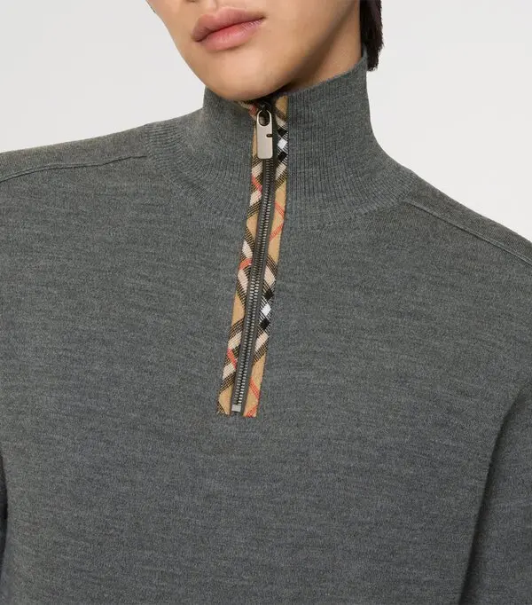 Burberry Wool High Neck Zip Sweater With Check Trim - Grey