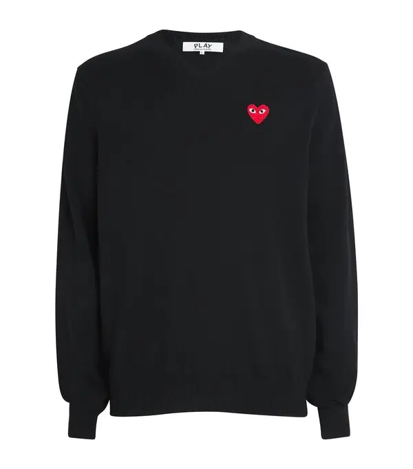Play Comme Des Garcon V-neck Wool Sweater With Heart Appliqu - Black