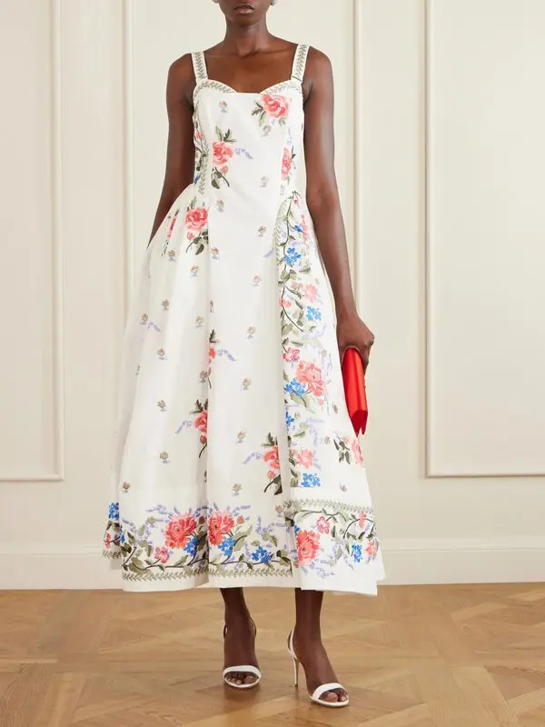 Erdem Embroidered Pleated Cotton-faille Midi Dress