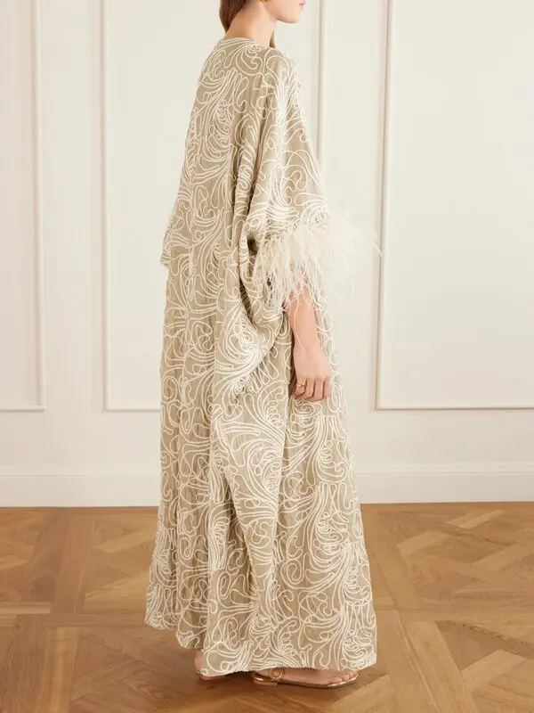 DIMA AYAD Feather-trimmed Embroidered Crepe Gown