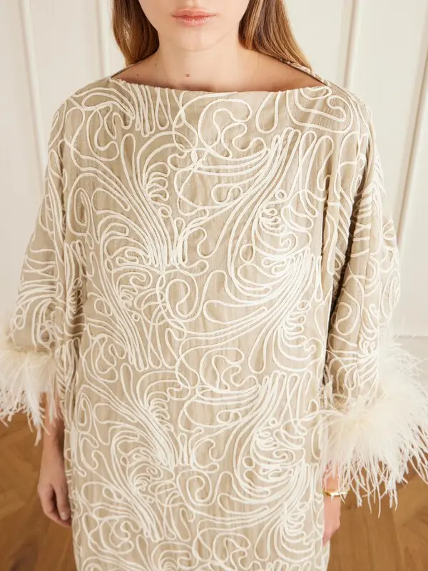 DIMA AYAD Feather-trimmed Embroidered Crepe Gown