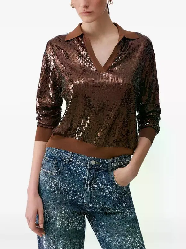Liu Jo Embellished V-neck Long Sleeve Sweater - Brown