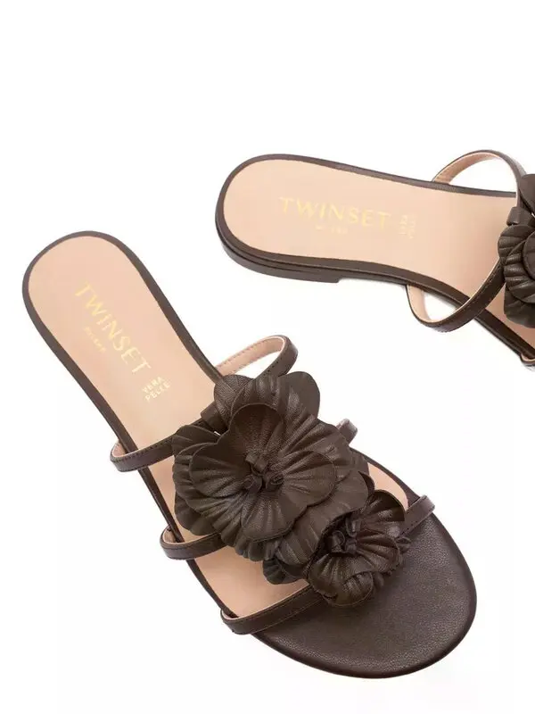 TWINSET Flat Leather Sandals With Floral Detail - Brown