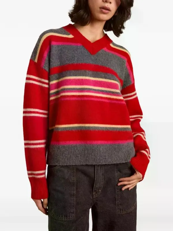 DAMSON MADDER Striped V-neck Wool Sweater - Red