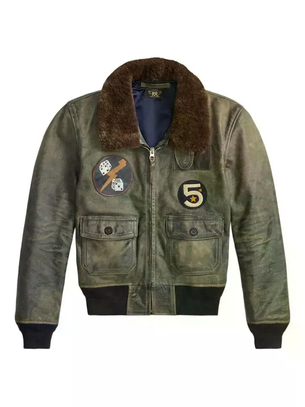 Ralph Lauren Leather Bomber Jacket With Patches