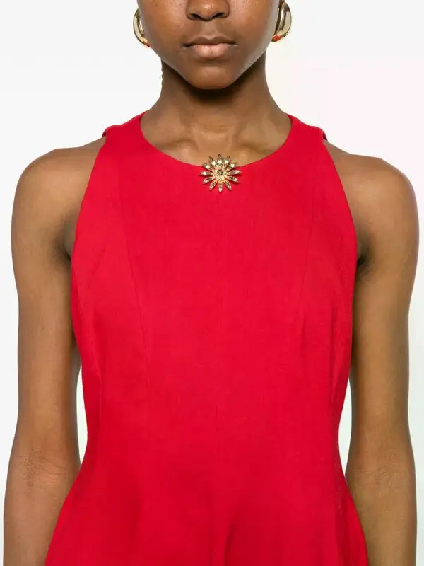 Maje Halterneck Fit & Flare Linen-blend Dress With Brooch Detail