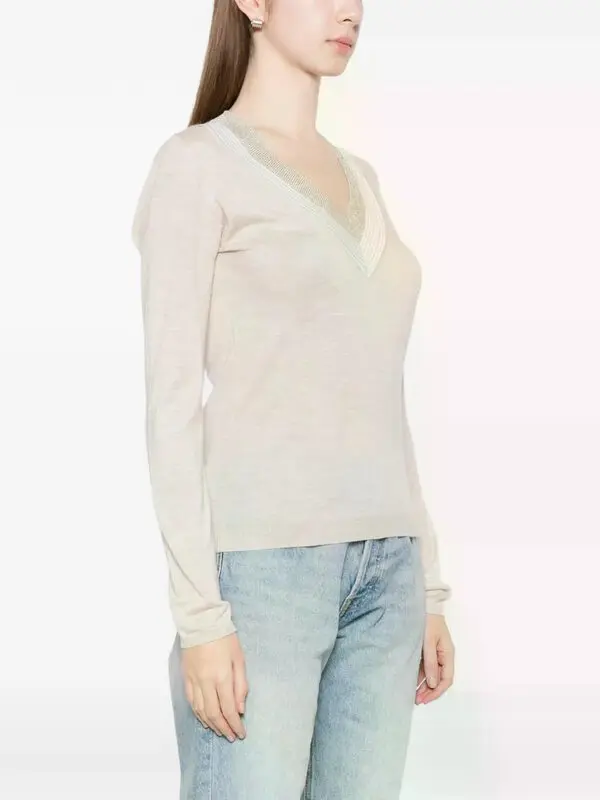 Brunello Cucinelli V-neck Jersey Top With Ribbed Detailing