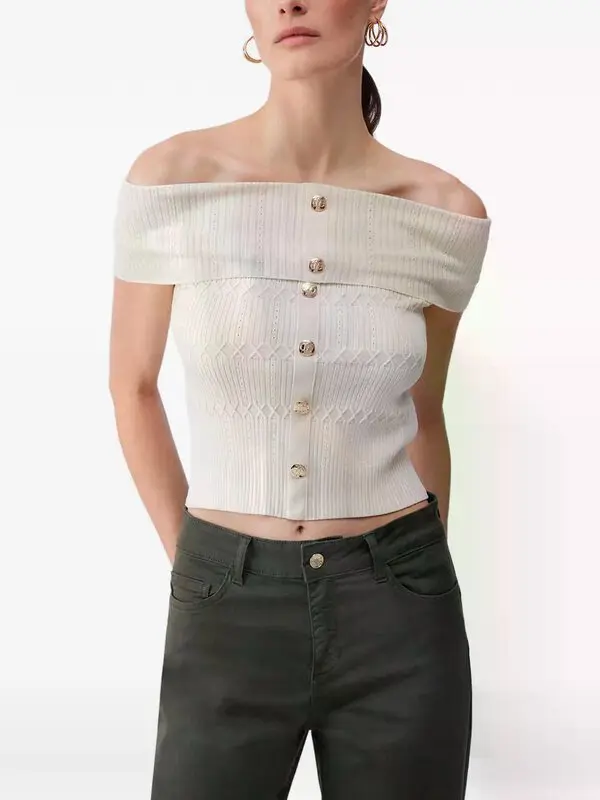 Liu Jo Bardot Neck Ribbed Knit Top With Golden Buttons - Neutrals