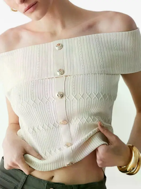 Liu Jo Bardot Neck Ribbed Knit Top With Golden Buttons - Neutrals